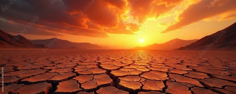 ภาพถ่าย Stock Desolate Cracked Earth A Fiery Orange Sky Illustrates the ...