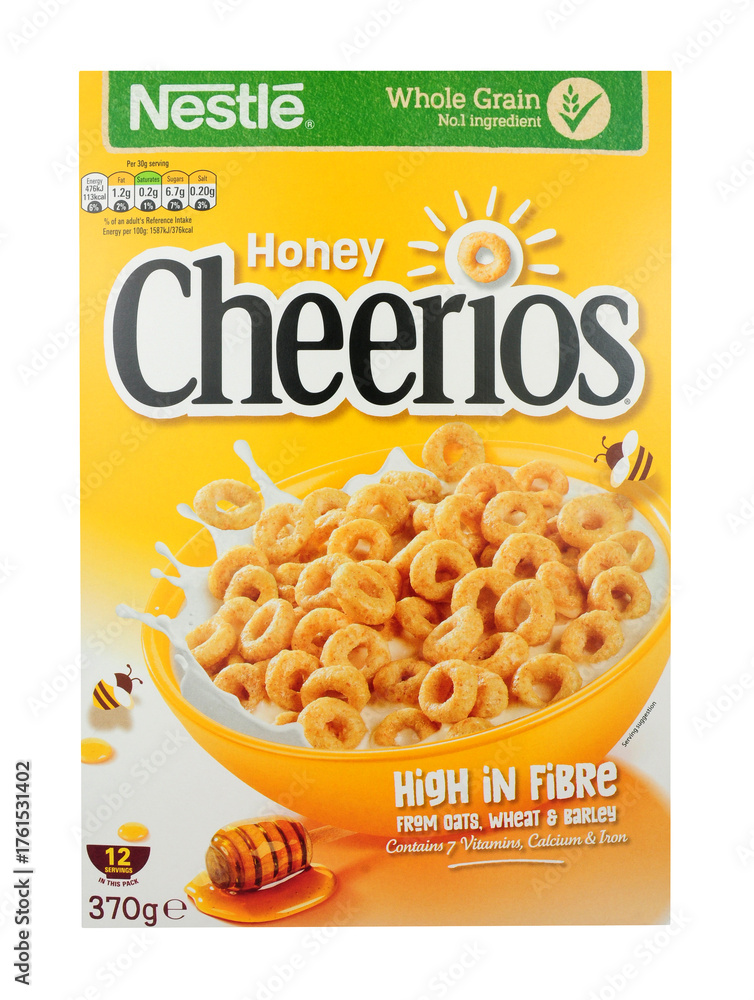 Nestle high fibre honey cheerios whole grain breakfast cereal hoops in ...