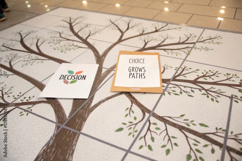 Overhead view of a branching tree diagram on a floor with cards labeled ...