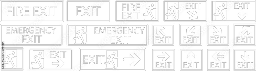 Emergency Exit line art Icon set.illustration of running man and exit ...
