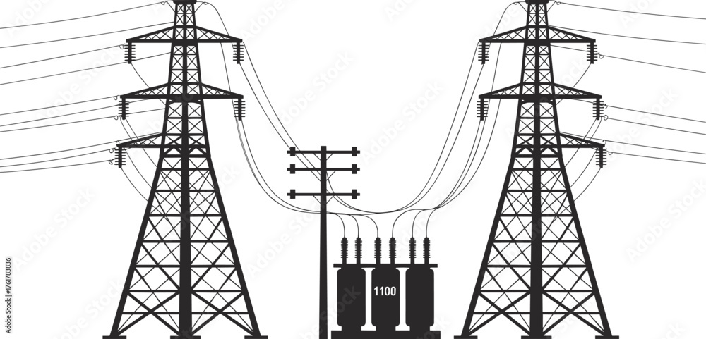 High voltage transmission towers, transformer station, electricity ...