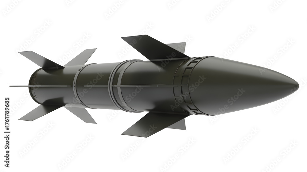 Powerful missile weapon with aerodynamic fins and pointed nose cone ...