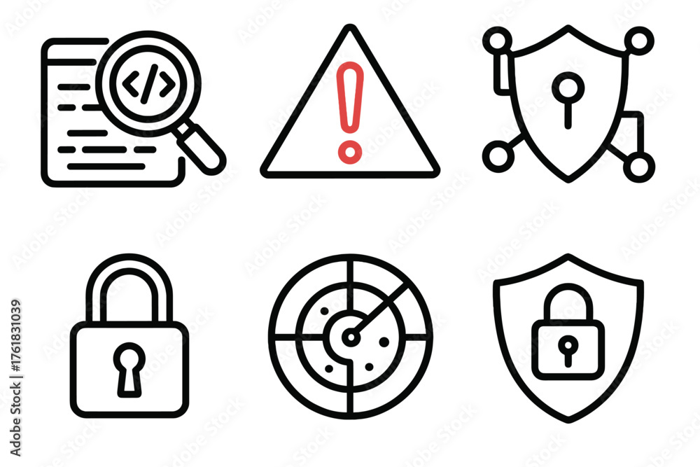 Threat Detection outline icon set: magnifier over code, red alert ...