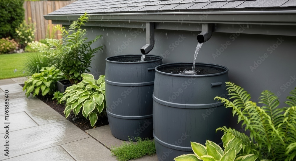 Rainwater collection barrels catching water from a gutter system into ...