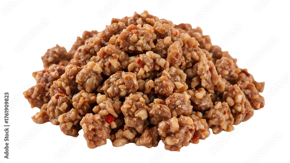 Chopped cooked beef mince with red pepper and seasoning on the ...