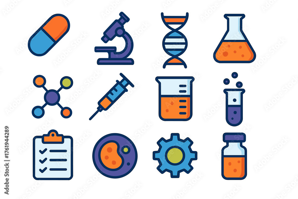 Pharmaceutical R&D flat icons: capsule, microscope, DNA strand, flask ...