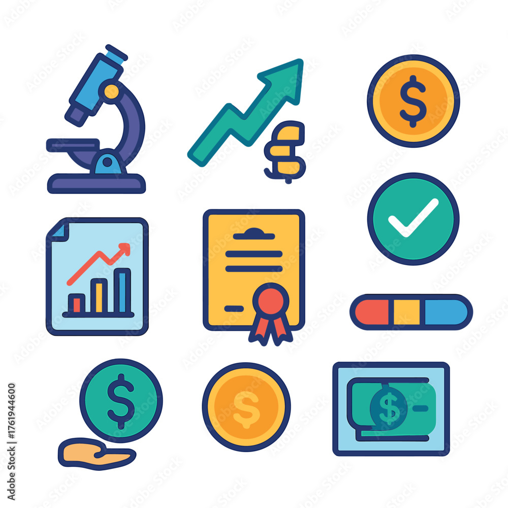 Scientific Investment flat icons: microscope, growth arrow, cash symbol ...