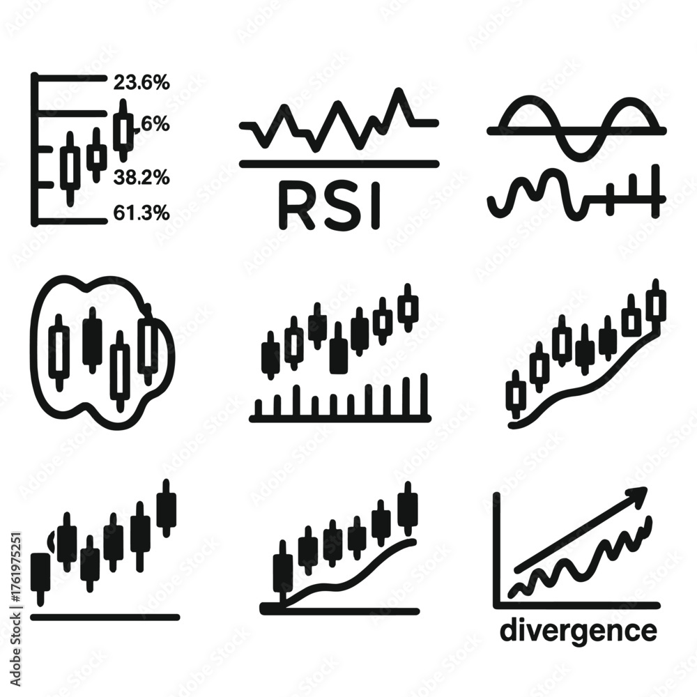 Financial chart icons: rsi, divergence, fibonacci - trading analysis ...