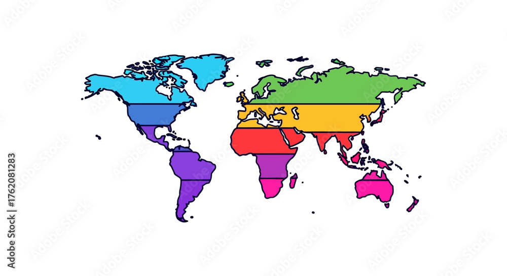 world map illustration global regions divided into colorful bands ...
