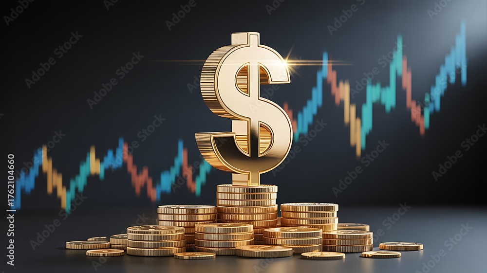Golden dollar symbol with stacked coins and financial chart ...