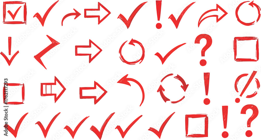Hand drawn red checkmarks arrows circles exclamation points and ...