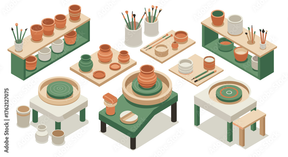 Isometric pottery studio setup with ceramic tools and clay vases Stock ...