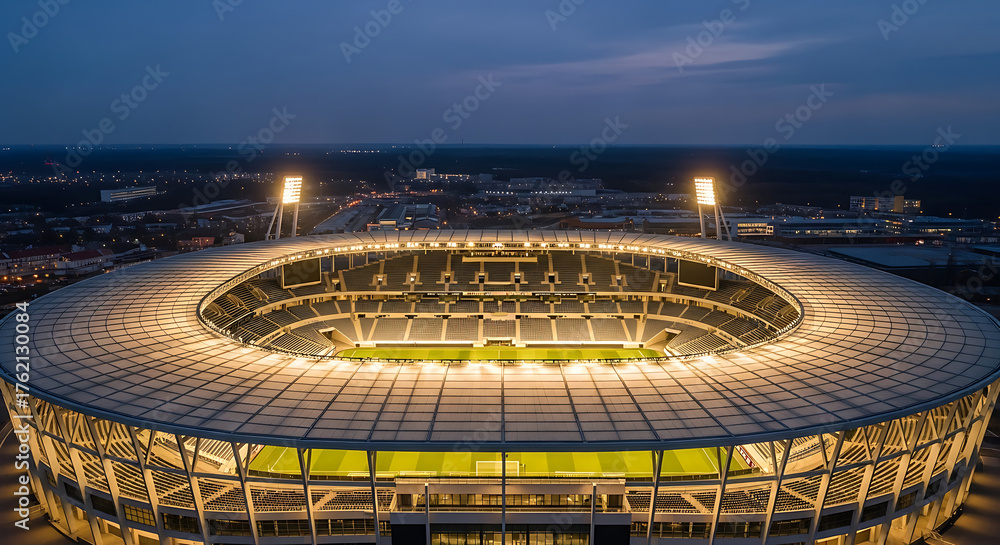 Spectacular aerial view of contemporary circular sports stadium with ...