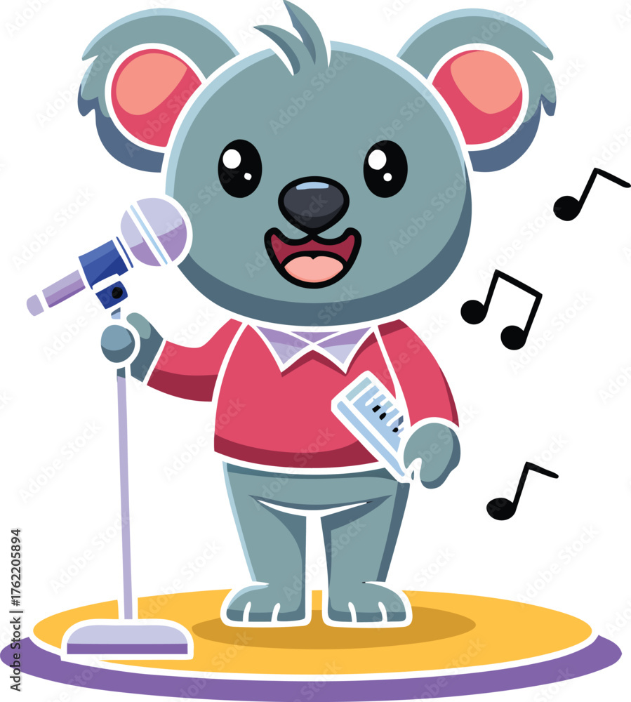 Vector de Stock Cute cartoon koala singing into microphone on stage ...