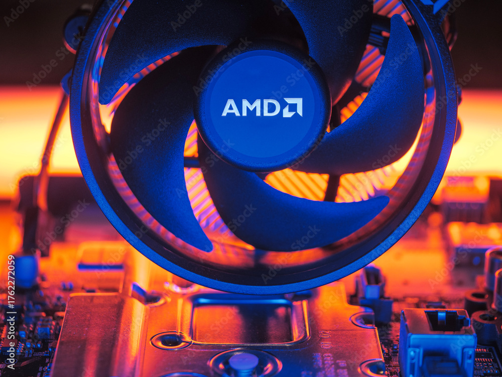 LOS ANGELES, CA - October 10, 2025: AMD logo on Ryzen CPU cooler with ...