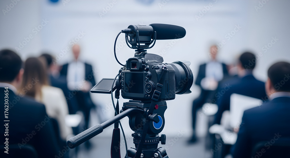 Camera records a presentation with audience members in a bright ...