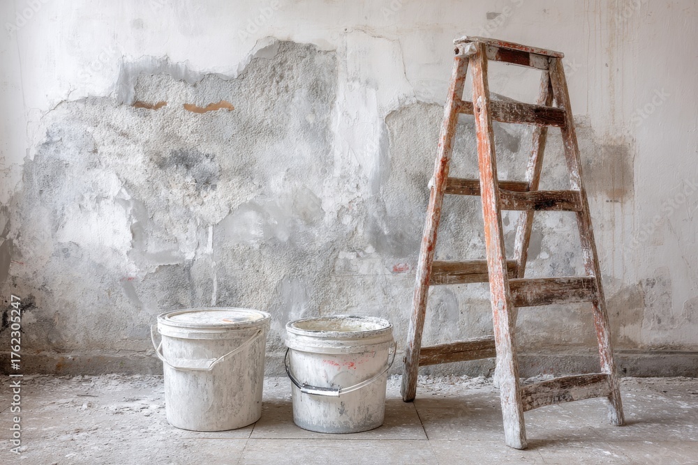 Interior renovation scene showing ladder paint buckets and damaged wall ...