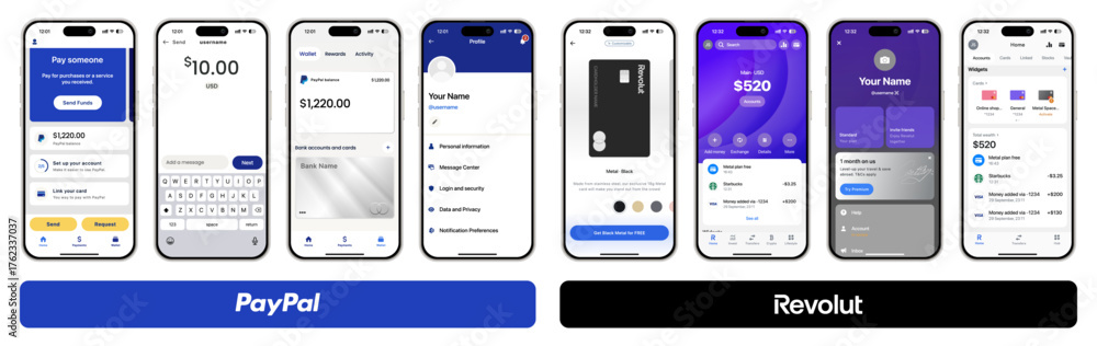 PayPal and Revolut neo banking UI App Template 2026, featuring Visa and ...
