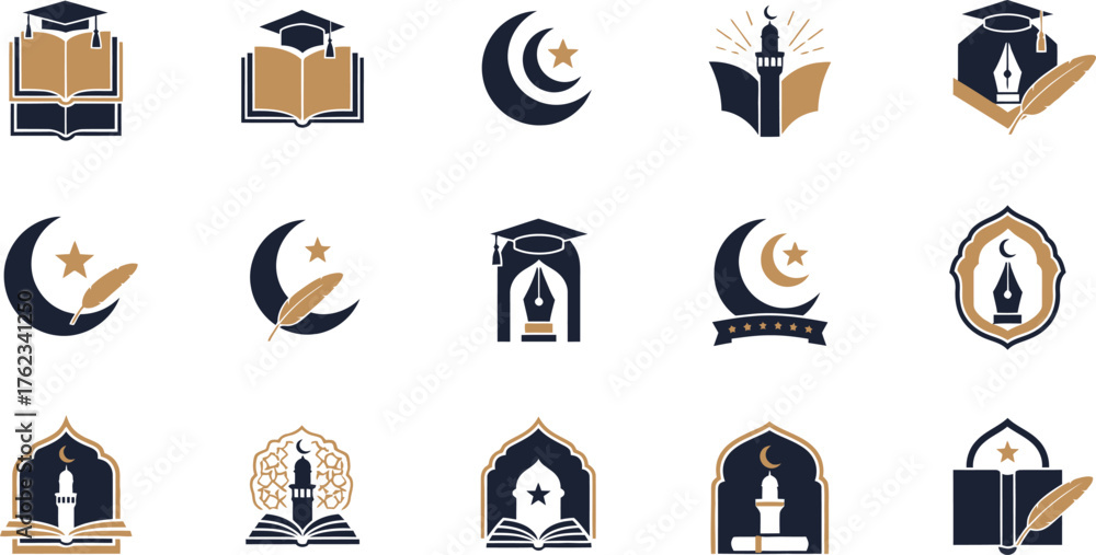 Collection of islamic education and learning logos featuring books ...