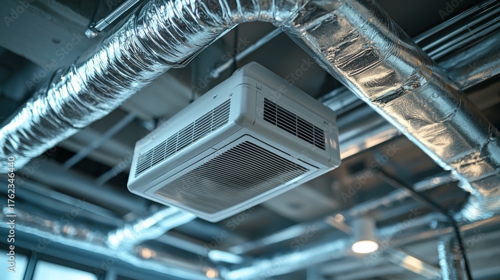 Suspended Ceiling Air Conditioner Unit with Exposed Ductwork in a ...