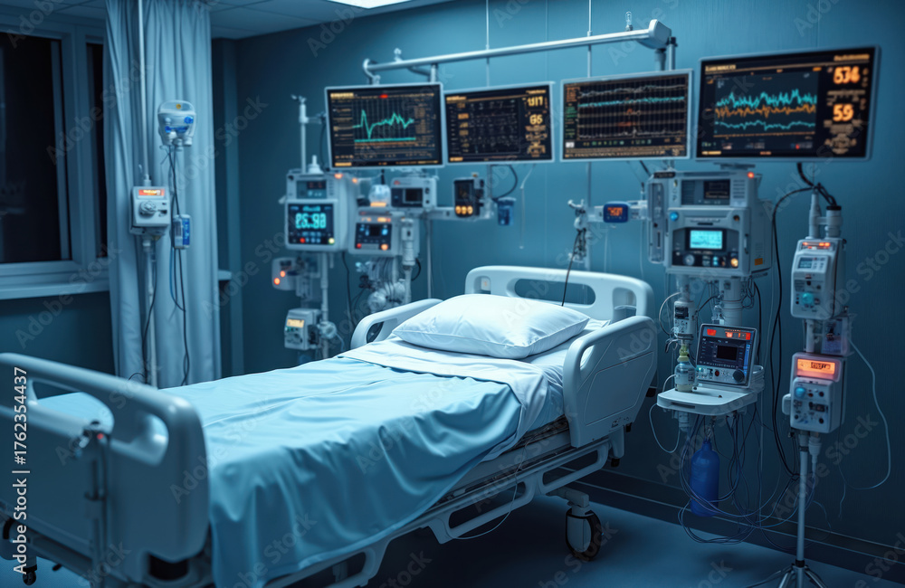 Ilustración de Stock Intensive care unit room with empty patient bed ...