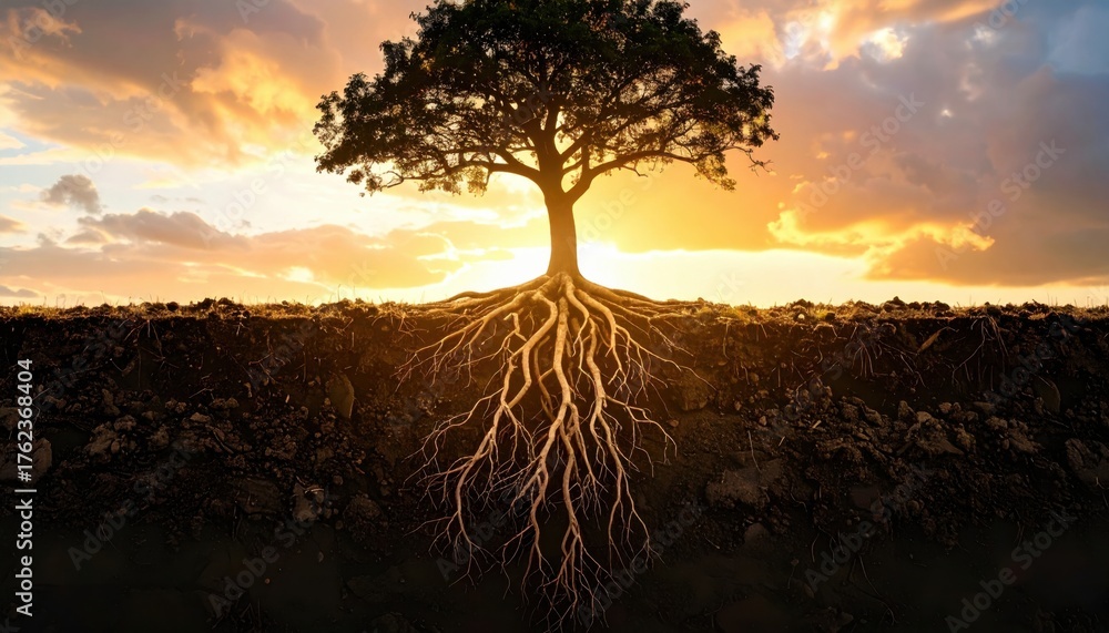 Sunset silhouette of a tree with complex visible root system ...