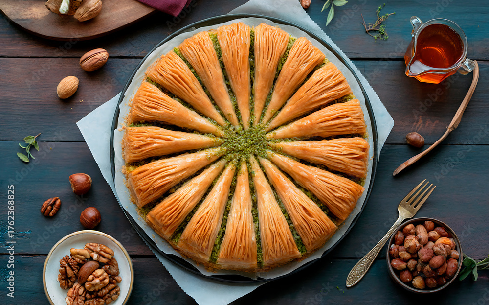 Serbian cuisine. Baklava. Layered pie with nuts and honey syrup—a local ...