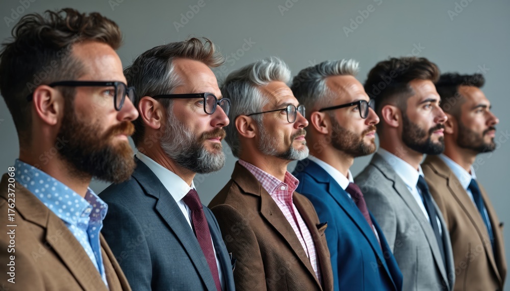 Seven men stand side by side in suits, stylish outfits. They have ...