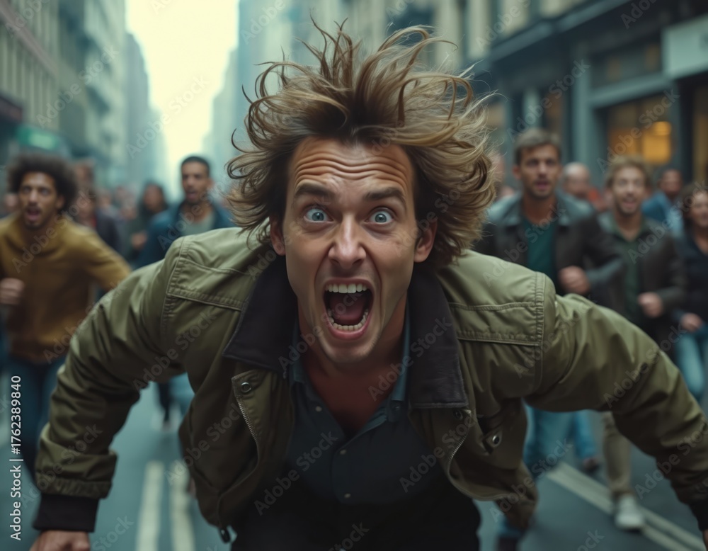 Foto de Stock Man in panic running with crowd. Shocked expression, open ...