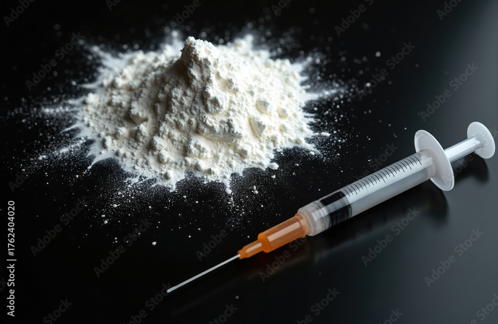 Drug abuse concept with syringe, powder on black surface. Illegal drug ...