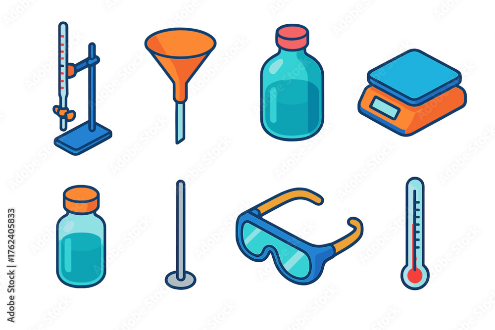 Chemical Analysis flat isometric set: burette, funnel, reagent bottle ...