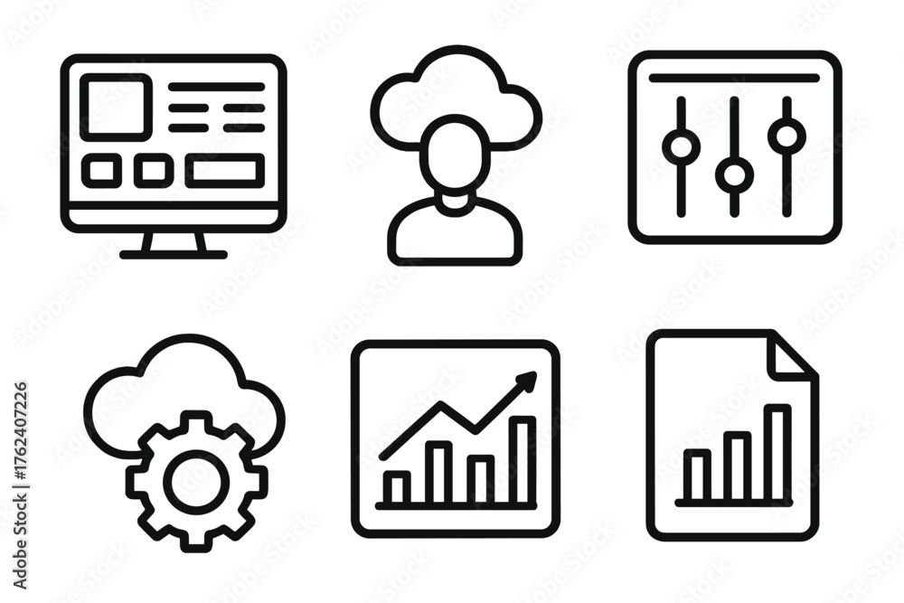 Cloud Management outline icon set: dashboard screen, admin user ...