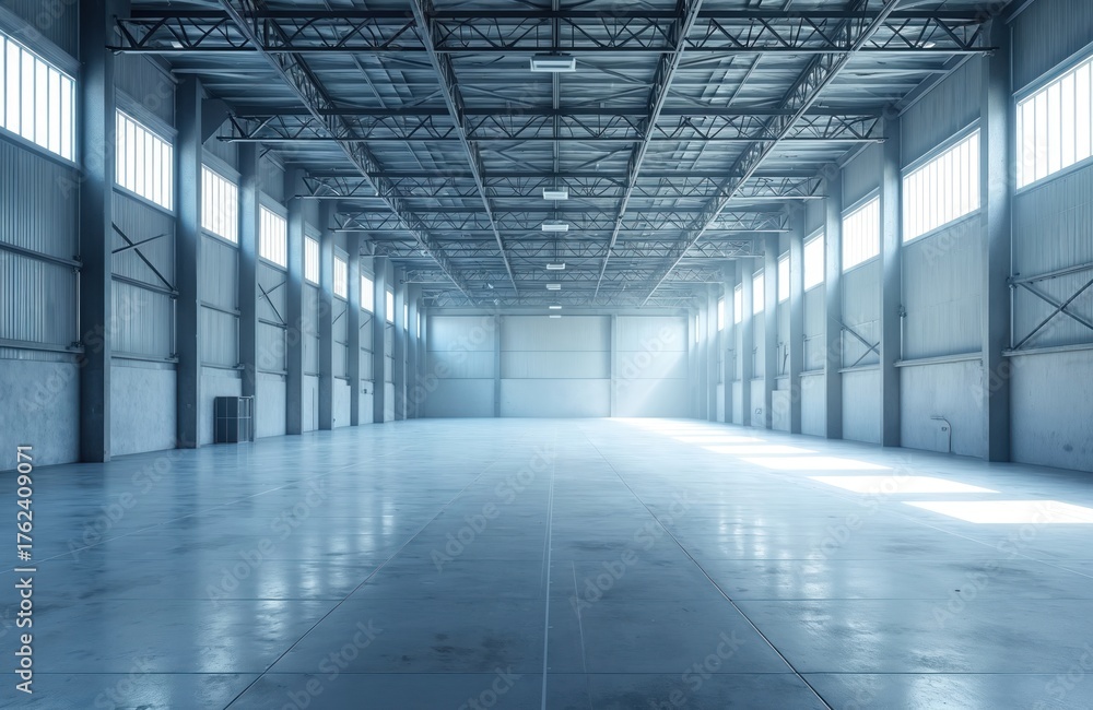 Vast, empty industrial warehouse with high ceiling and tall windows ...