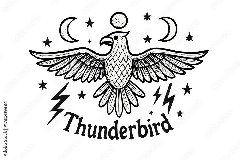 Thunderbird with Celestial Elements. Hand-drawn thunderbird with moons ...