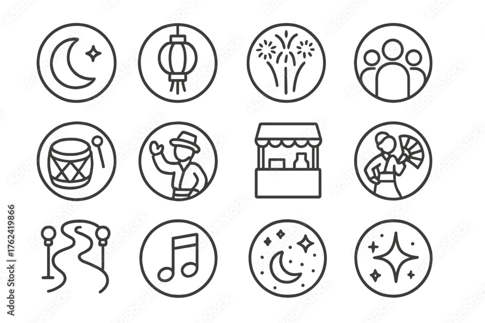 Night Festival Icons. Line style round icons of night festivals: moon ...