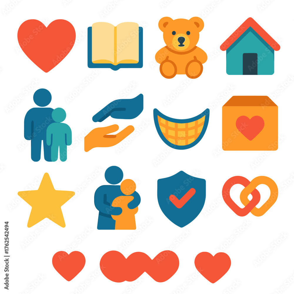Child Welfare & Care Symbols flat icons: heart, open book, teddy bear ...