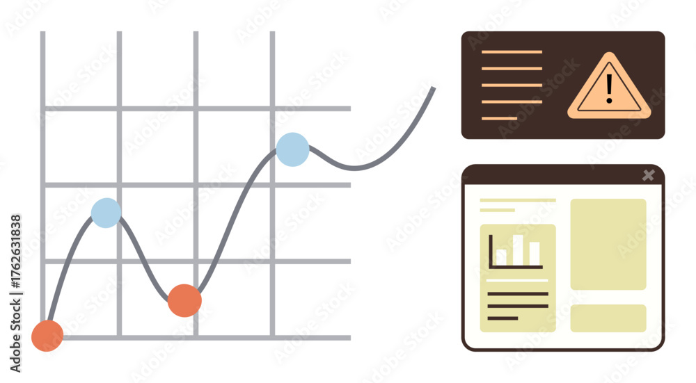 Line graph with nodes, warning panel, and digital dashboard highlights ...