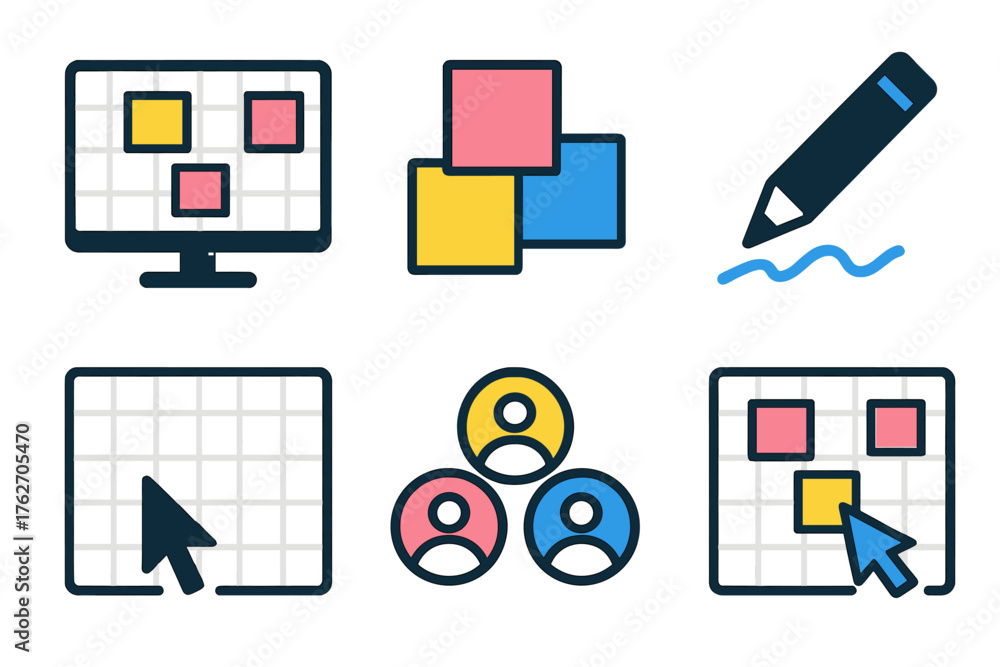 Online Whiteboards flat icons: digital screen, sticky notes, drawing ...