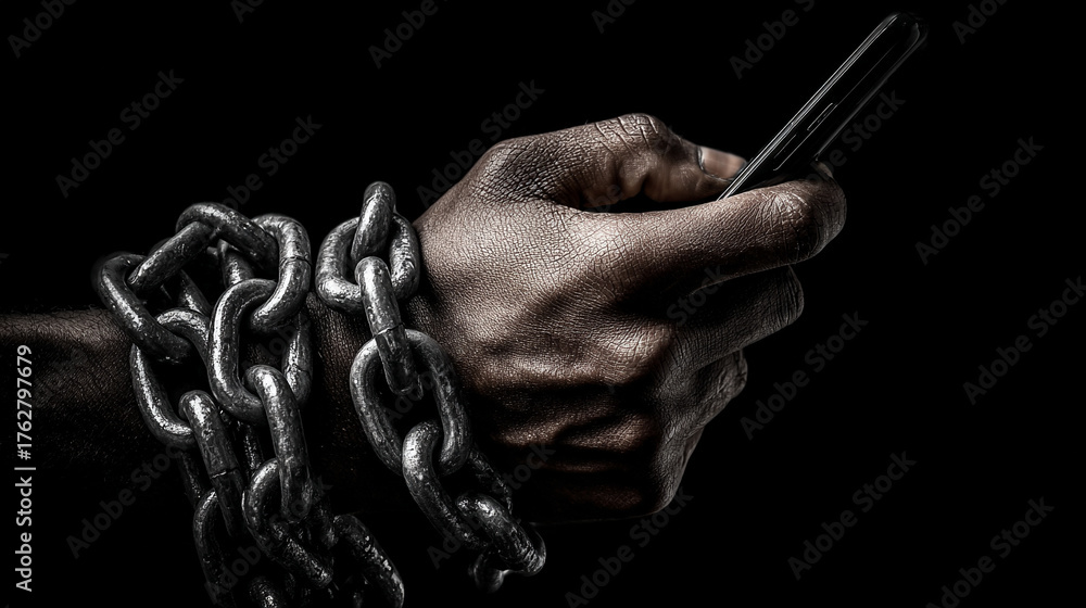 metallic chain binds a wrist to a smartphone, illustrating modern ...