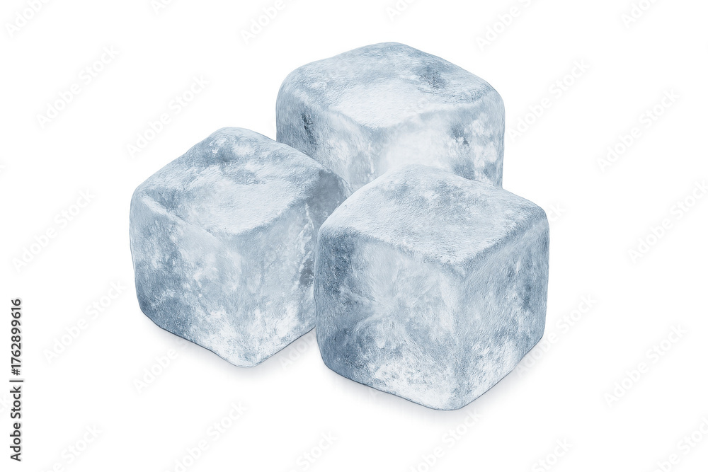 Three ice cubes glistening, refreshing frozen water for cold drinks ...