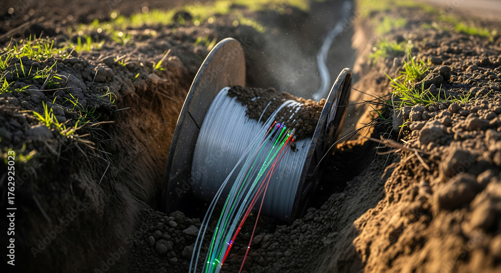 Installation of high-speed fiber optic cable from a large spool into an ...
