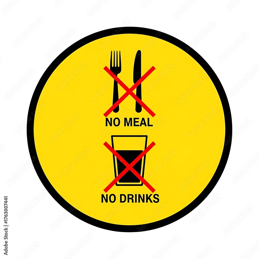 Clear prohibition signage with crossed out cutlery and drink glass ...