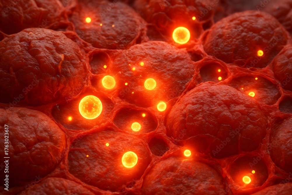 3D microscopic illustration of cellular oxidation showing bright ...