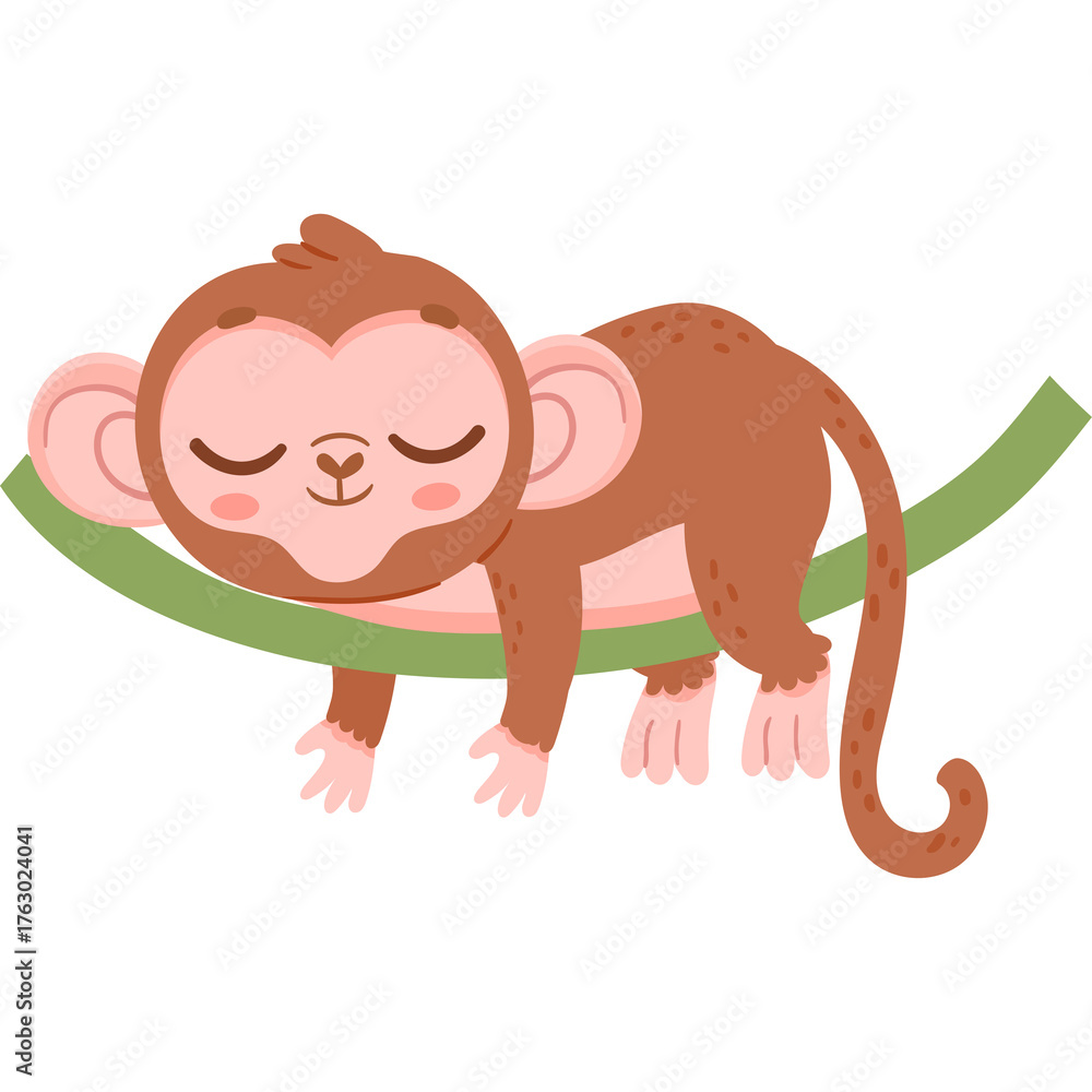 Cute Cartoon Monkey Sleeping Peacefully on a Green Branch with Eyes ...