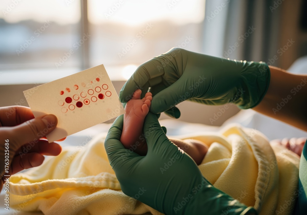 Newborn baby screening test with medical professional collecting blood ...