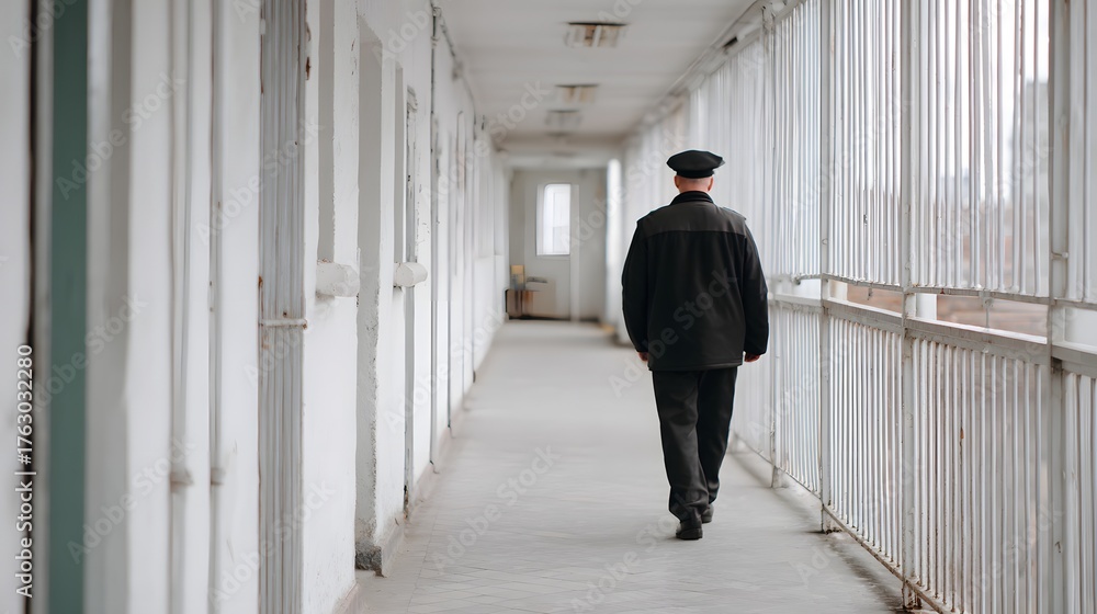 Security officer walking down prison corridor with barred windows ...