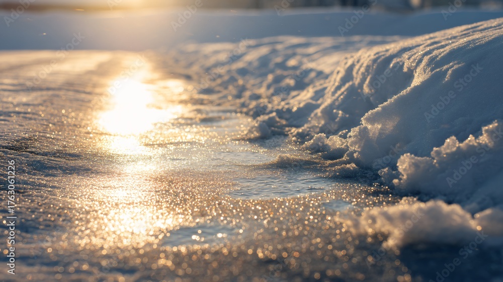 Sunlight reflecting on melting snow and ice with sparkling water ...