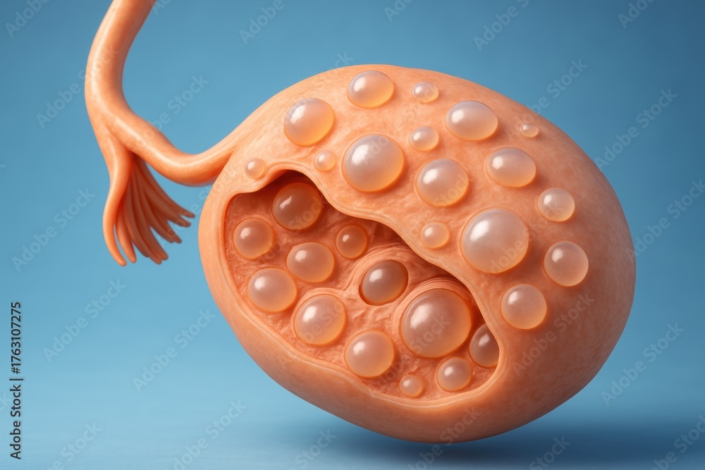 Detailed 3D medical illustration of an ovary showing multiple cysts ...