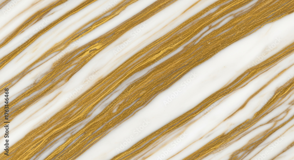 Smooth white marble surface with bold gold streaks running diagonally ...