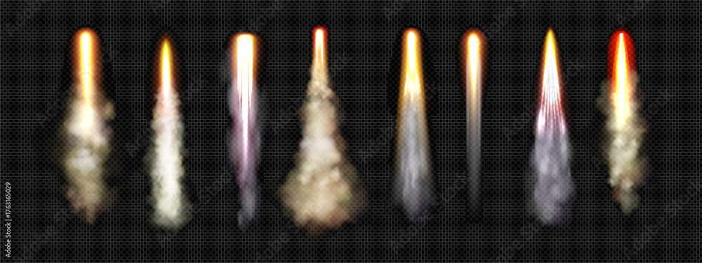 Glowing rocket flames with fire trails and jet exhaust streams for ...